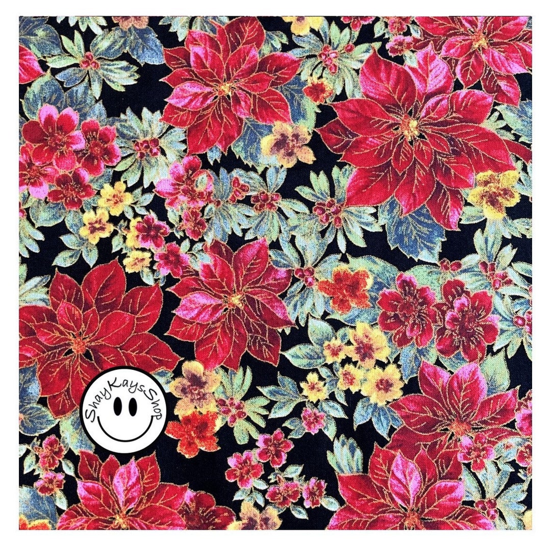 Poinsettia Fabric, Christmas Holiday Winter Fabric, Poinsettia Floral ...
