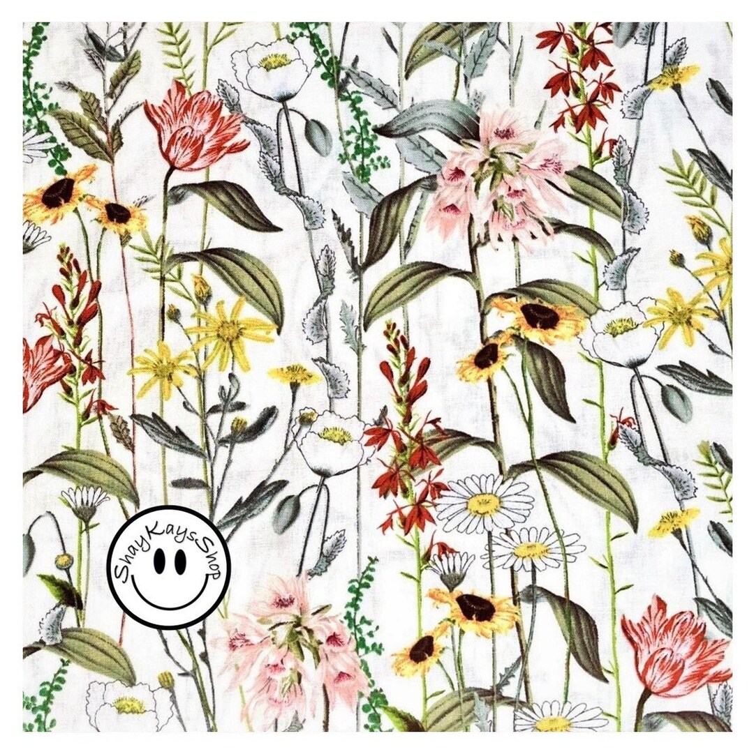 Botanical Flower Fabric, Stemmed Florals Fabric Vintage Style Print ...