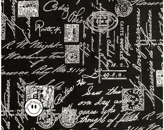 Half Yard Fabric Cut Straight From Bolt, Black Fancy Script Writing ...