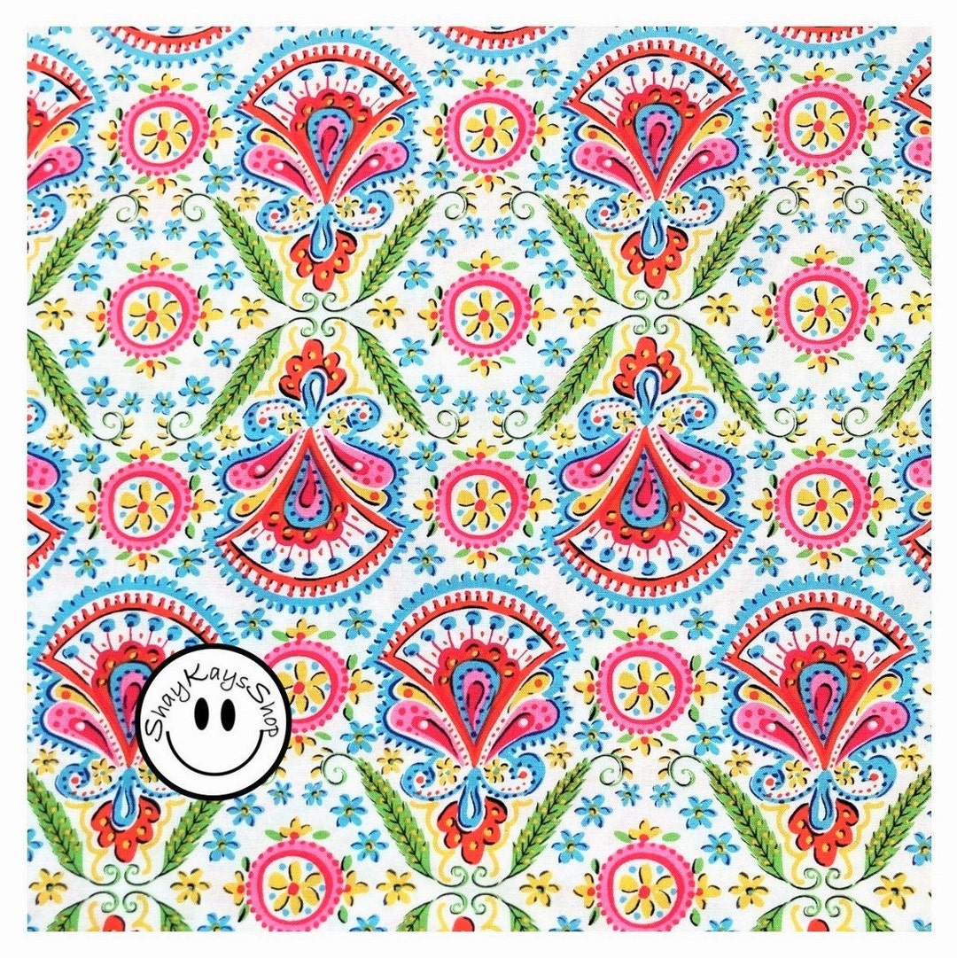 Bright Floral Fabric, Tuli Stylized Floral Multi Color Clothworks by ...