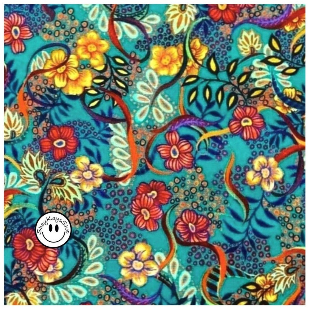 Teal Floral Flower Fabric, Oasis Fabrics Night Bloom Collection OA ...