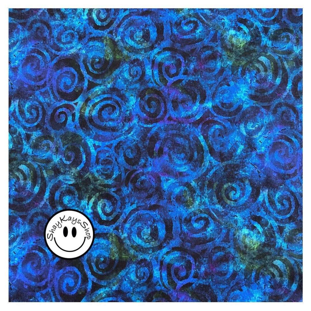 Modern Blue Swirls Spiral Fabric, Shades of Blues With Black Hints of ...