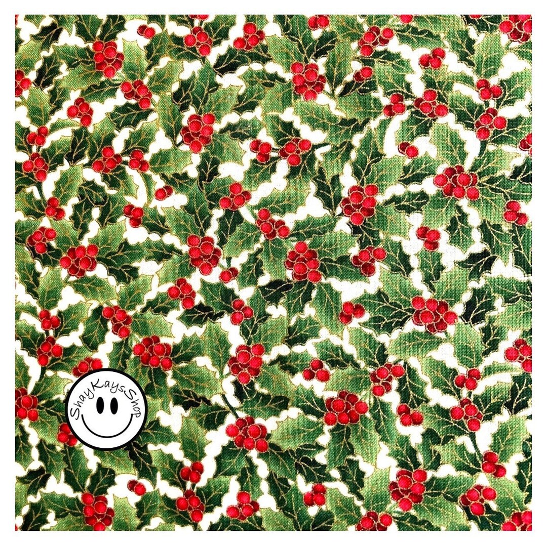 Christmas Holly Fabric, Hi Fashion Holly Leaves & Red Berries Cream ...