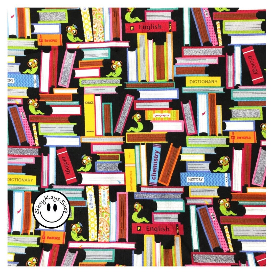 Bookworm Library Books Novelty Fabric, Fabric Traditions Black Red Blue ...