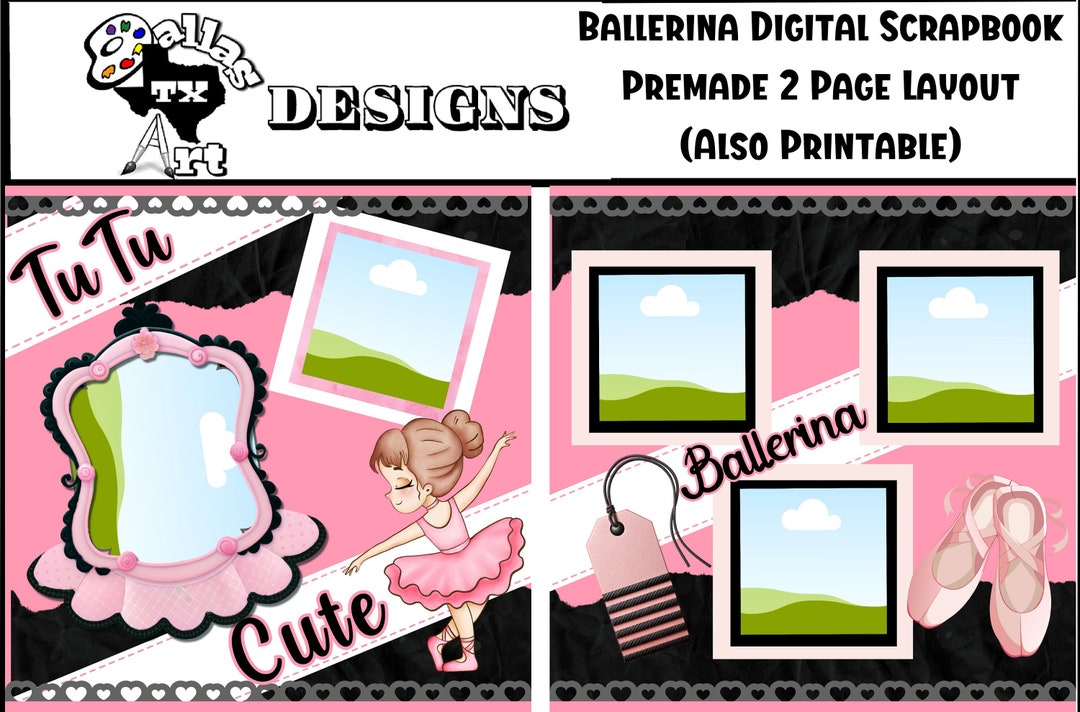 Ballerina Scrapbook Pages: Pink & Black 12x12 Template (digital ...
