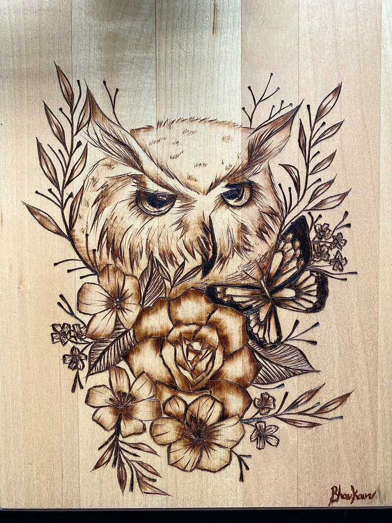 Floral Owl Pyrography Art Piece - Etsy