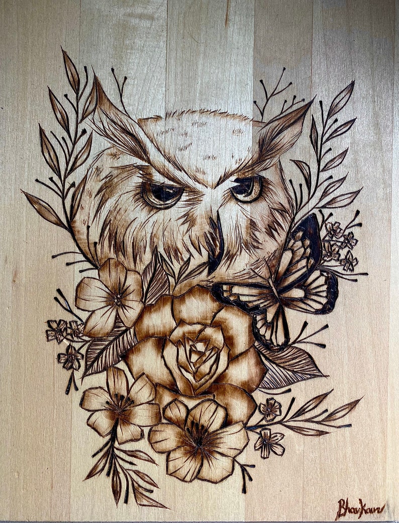 Floral Owl Pyrography Art Piece - Etsy