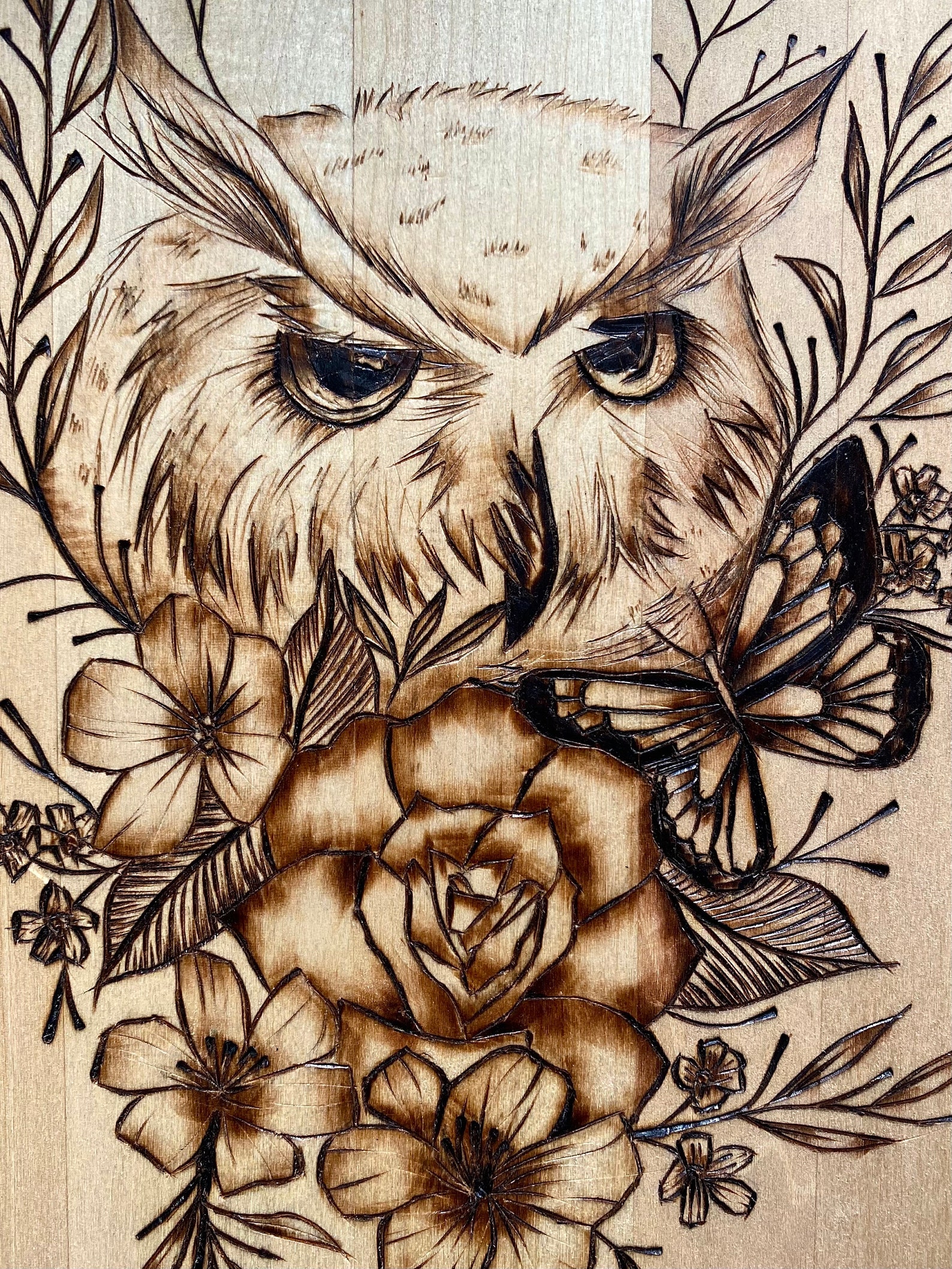 Floral Owl Pyrography Art Piece - Etsy