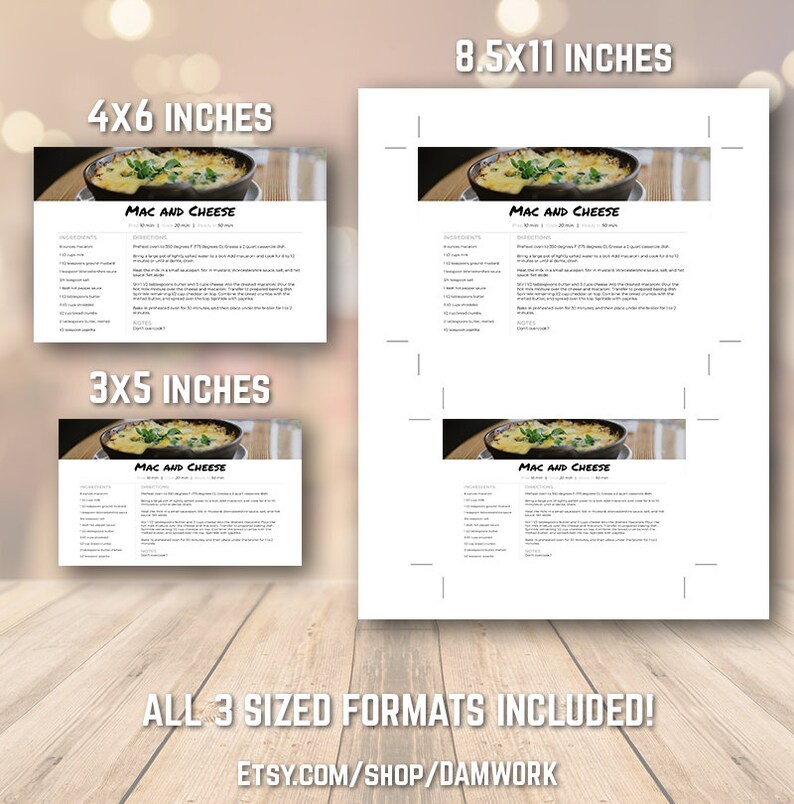 Recipe Card Template, 4x6 and 3x5 Inch Sizes, Printable Editable ...