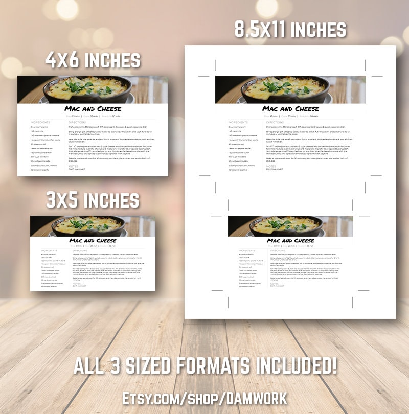Recipe Card Template, 4x6 and 3x5 Inch Sizes, Printable Editable ...
