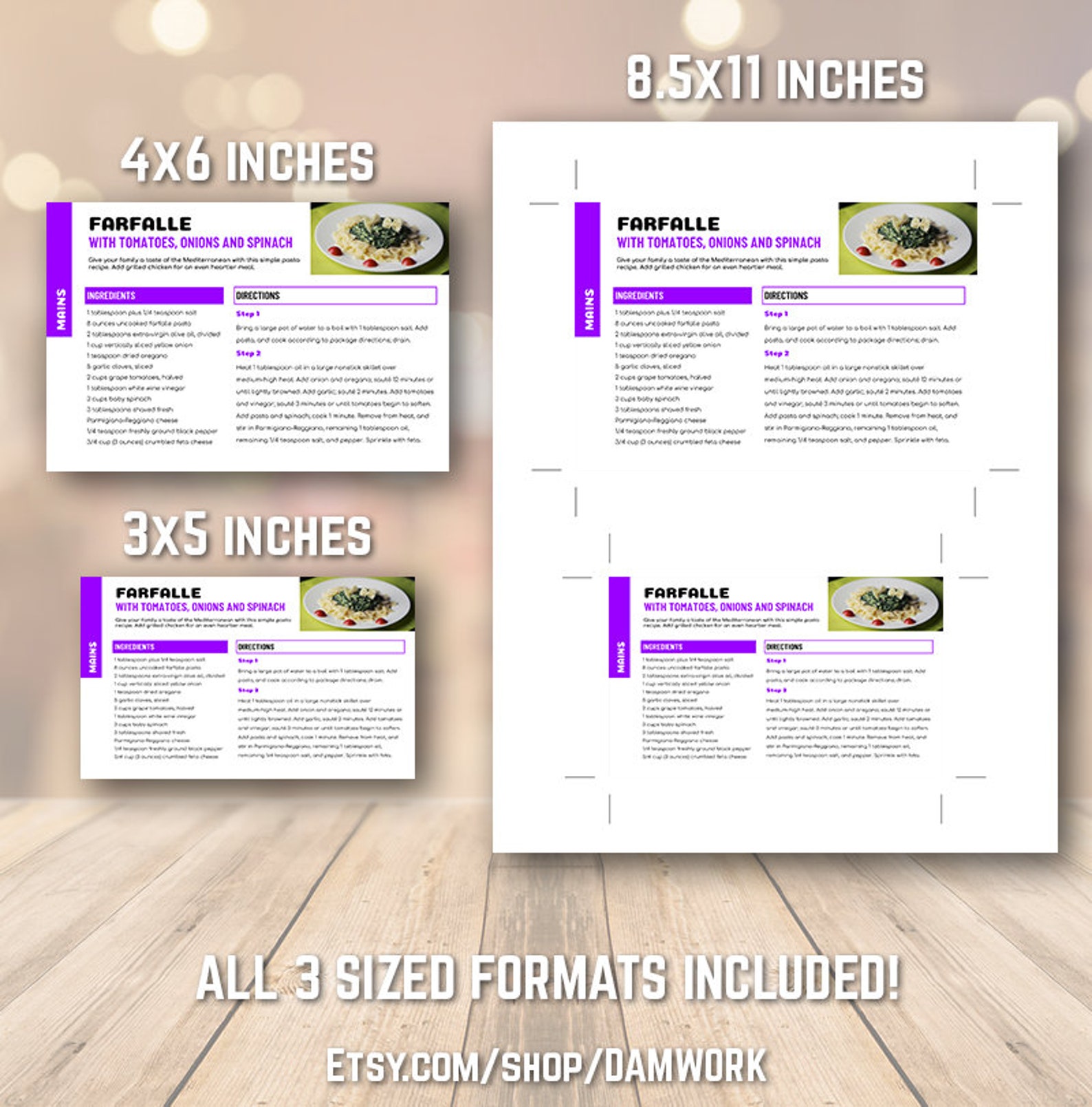 Colorful Recipe Card Template 4x6 and 3x5 Inch Sizes Printable Editable ...