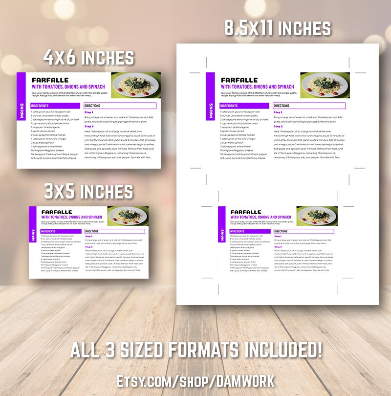 Colorful Recipe Card Template 4x6 and 3x5 Inch Sizes Printable Editable ...