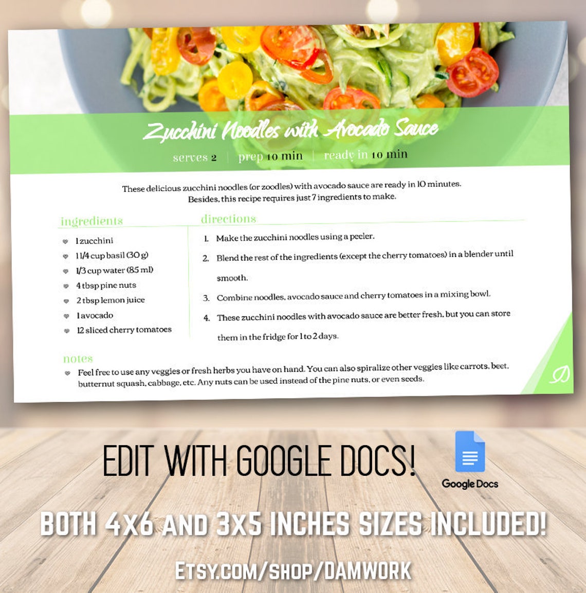 Healthy Recipe Card Template, 4x6 and 3x5 Inch Sizes Green Vegan ...