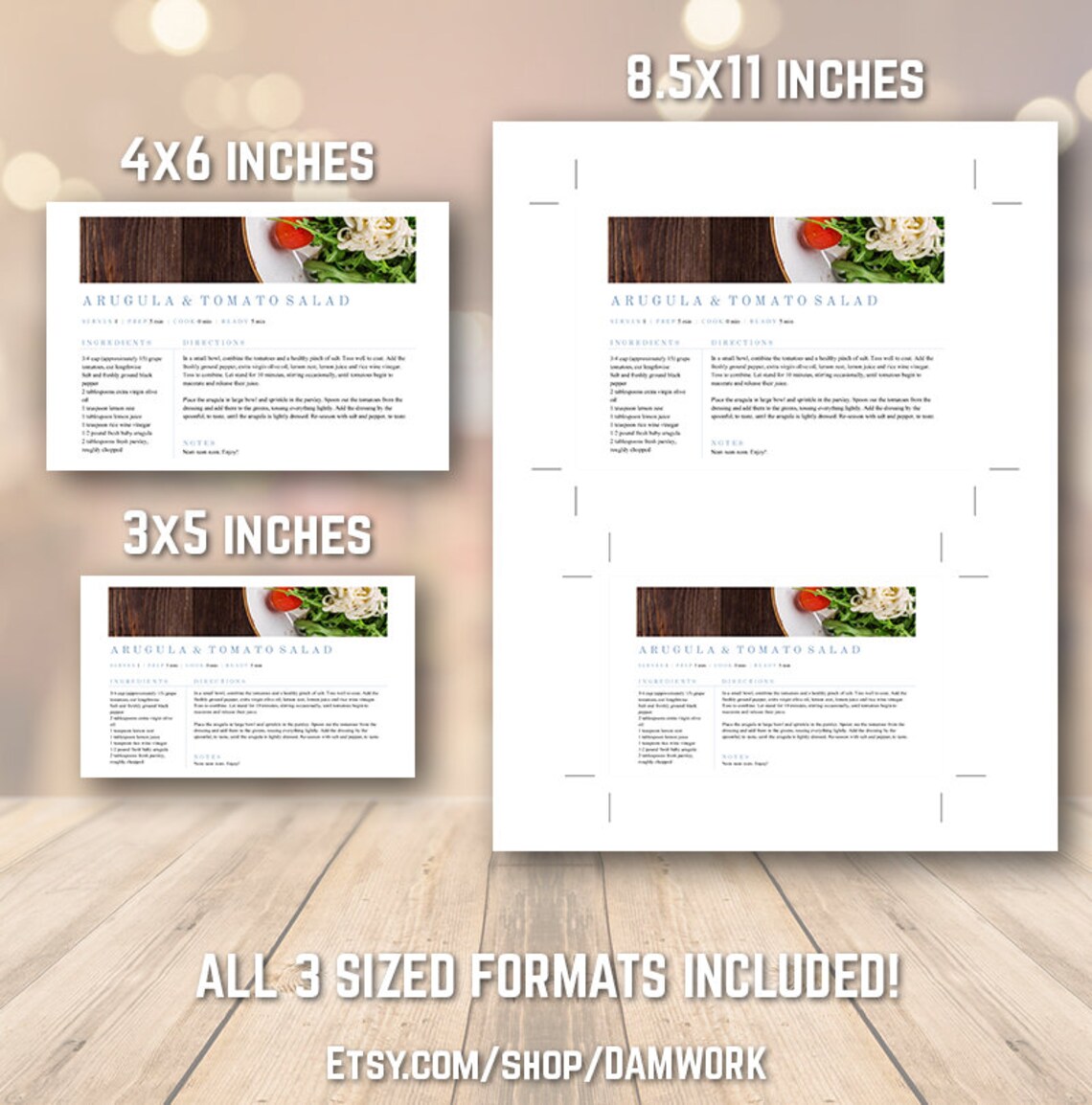 Recipe Card Template Clean Simple 4x6 and 3x5 Inch Sizes Printable ...