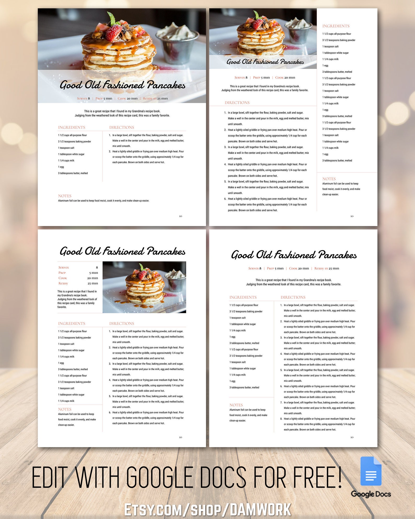 Recipe Book Template 4 Design Layouts Frost, Family Cookbook, Editable ...