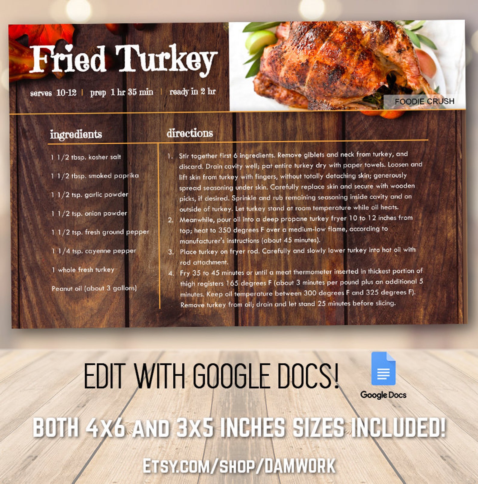 Thanksgiving Recipe Card Template 4x6 and 3x5 Inch Sizes Printable ...