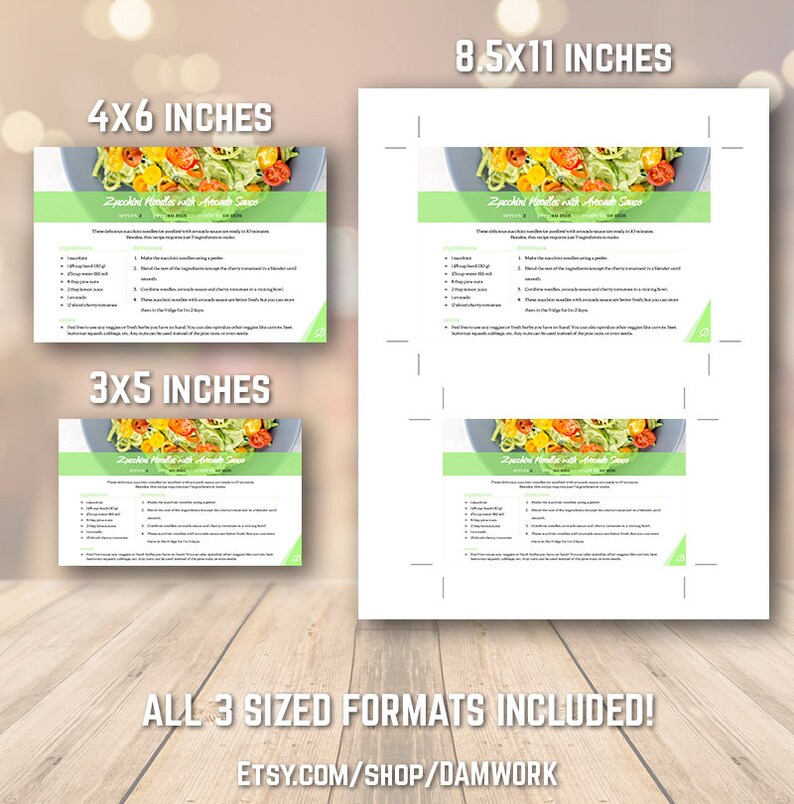 Healthy Recipe Card Template, 4x6 and 3x5 Inch Sizes Green Vegan ...