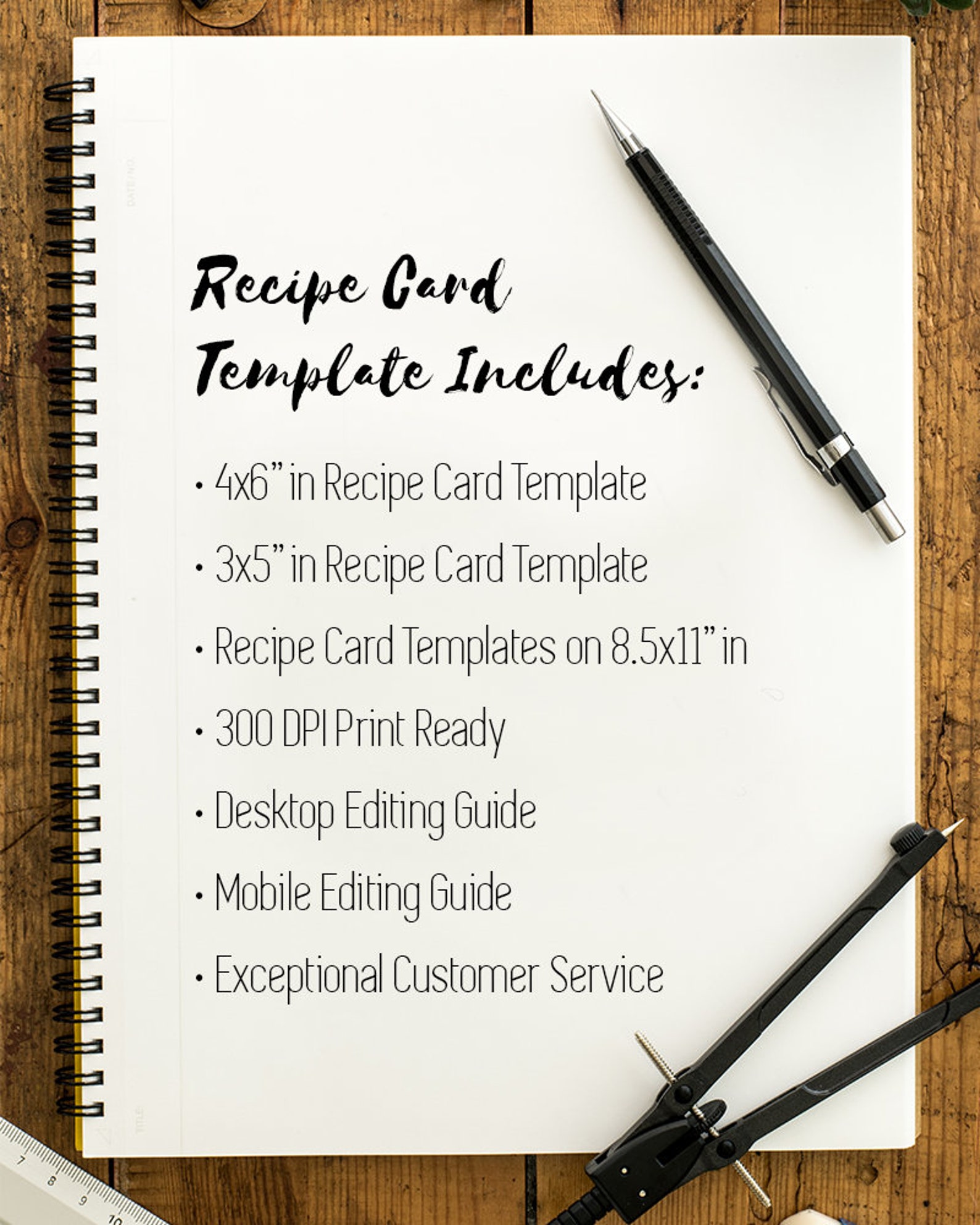 Healthy Recipe Card Template, 4x6 and 3x5 Inch Sizes Green Vegan ...