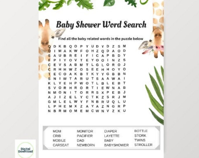 Word Search, Giraffe Shower Games, Giraffe Baby Game, Zoo Animal Shower ...