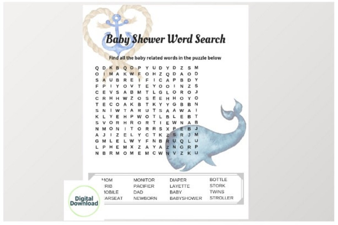 Nautical Baby Shower, Whale Baby Shower, Word Search, Baby Shower ...