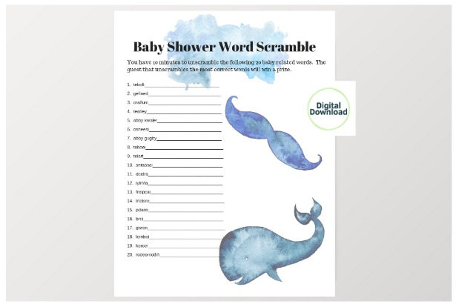 Baby Word Scramble, Whale Baby Shower, Printable Word Game, Easy Shower ...
