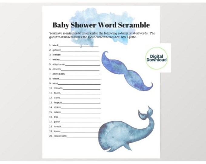 Baby Word Scramble, Whale Baby Shower, Printable Word Game, Easy Shower ...