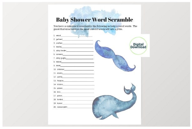 Baby Word Scramble, Whale Baby Shower, Printable Word Game, Easy Shower ...