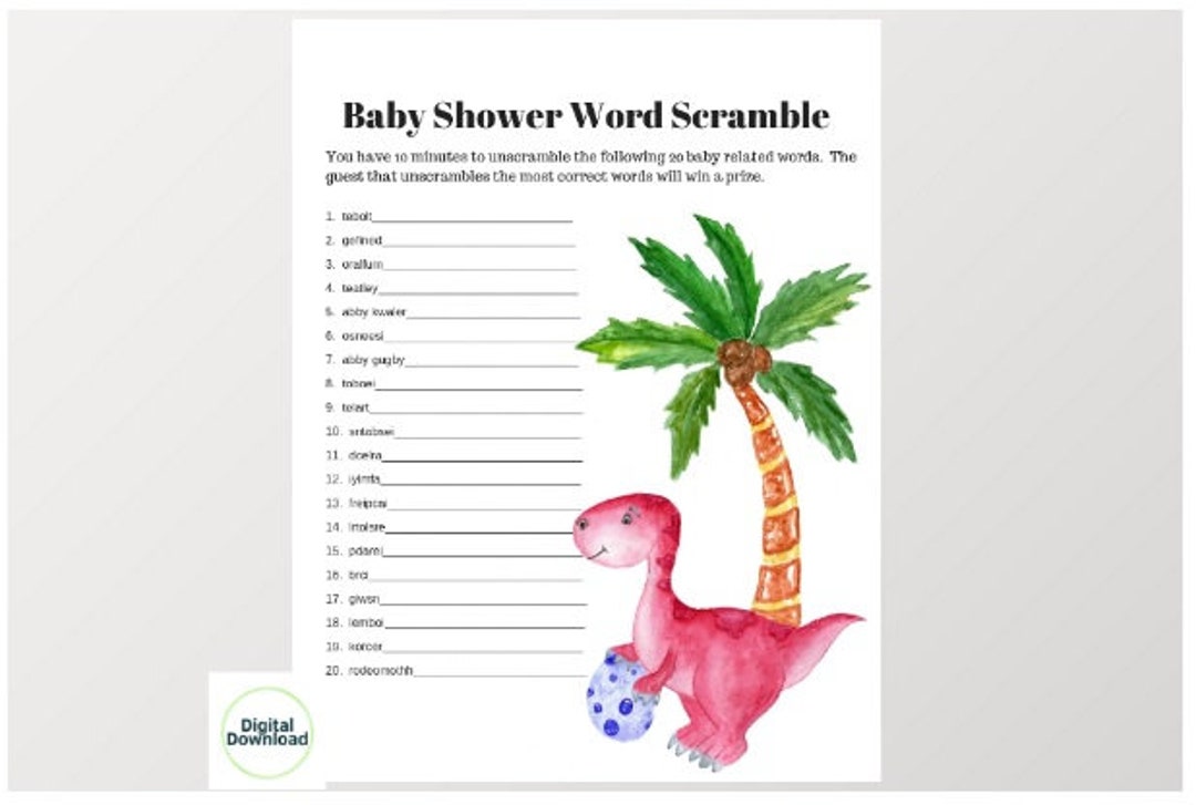 Dinosaur Baby Shower Word Scramble, Baby Shower Activity, Dinosaur ...