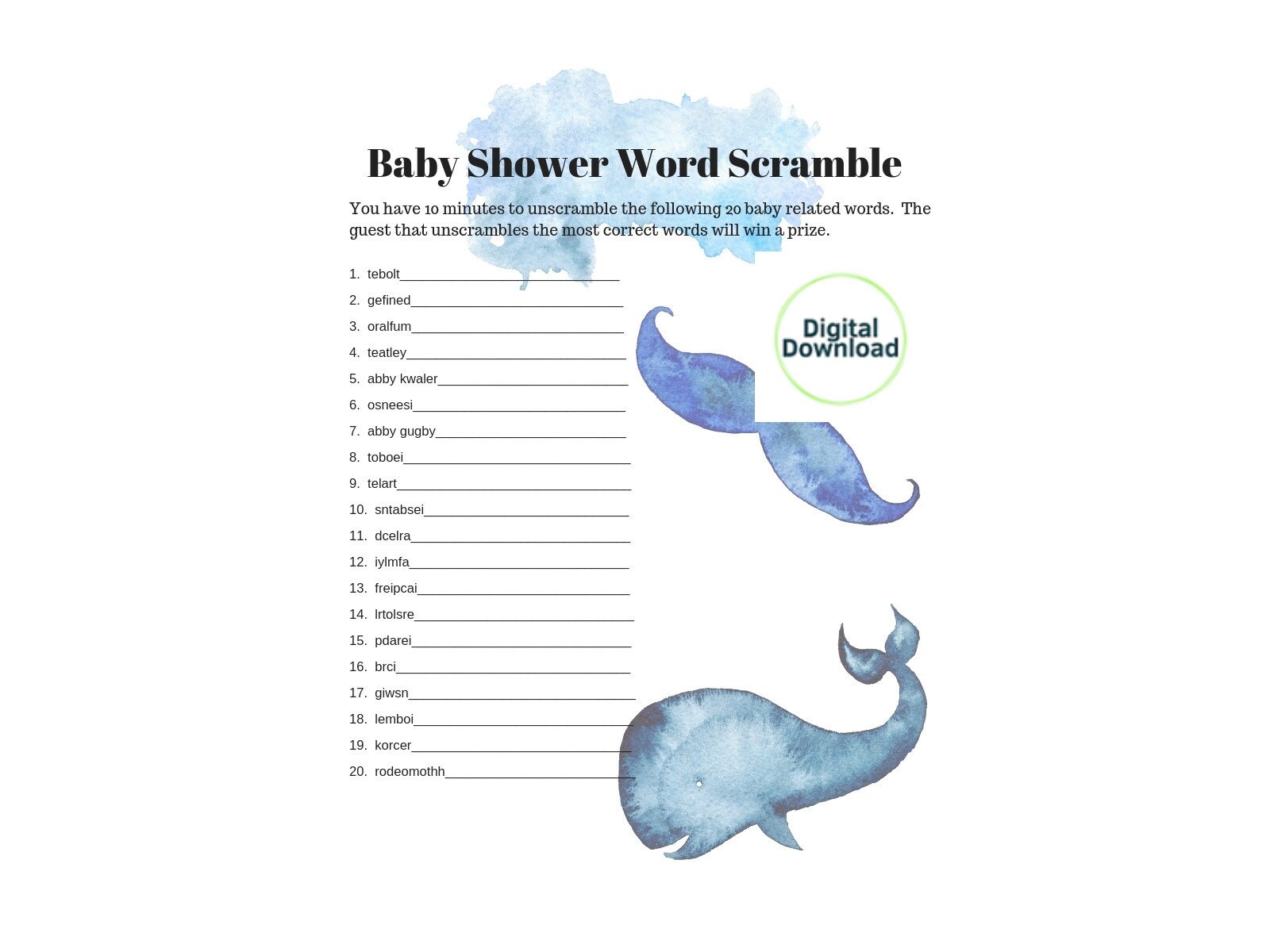 Baby Word Scramble, Whale Baby Shower, Printable Word Game, Easy Shower ...