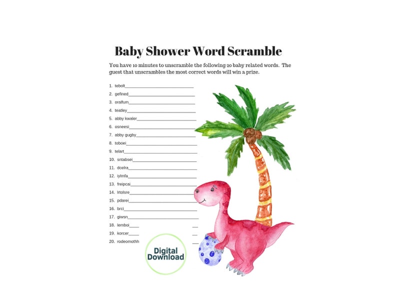 Dinosaur Baby Shower Word Scramble, Baby Shower Activity, Dinosaur ...