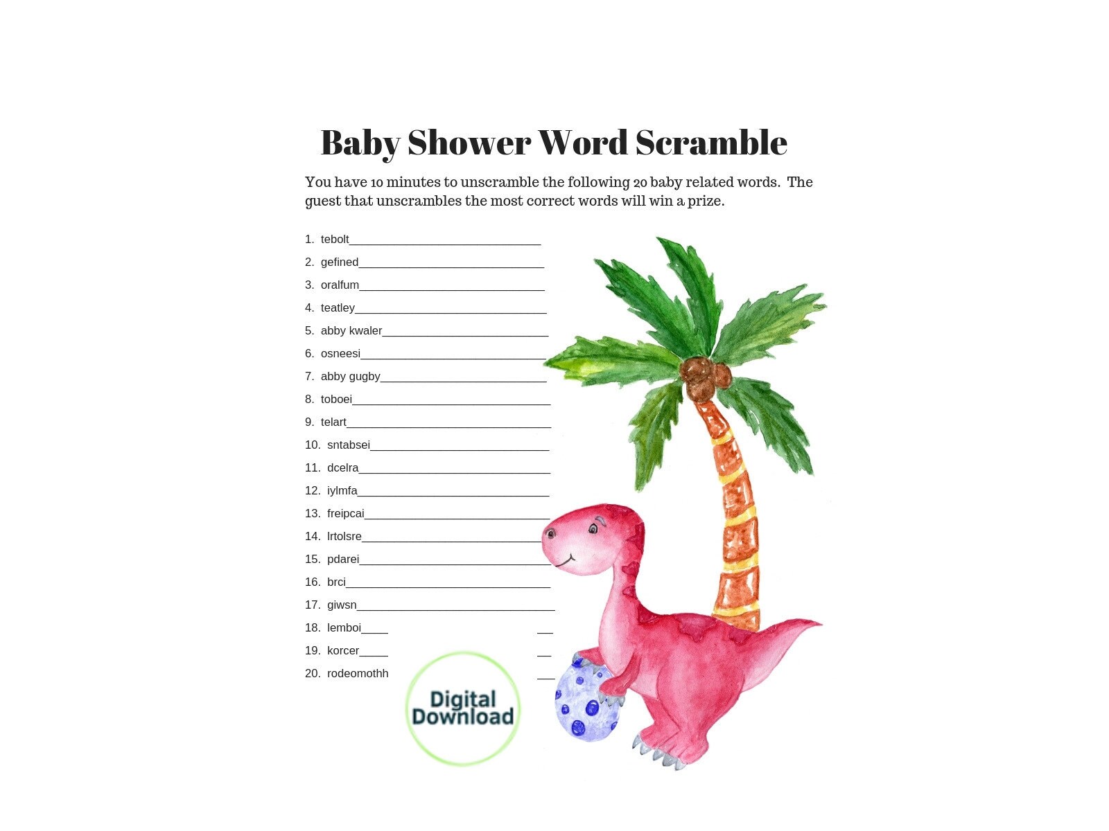 Dinosaur Baby Shower Word Scramble, Baby Shower Activity, Dinosaur ...