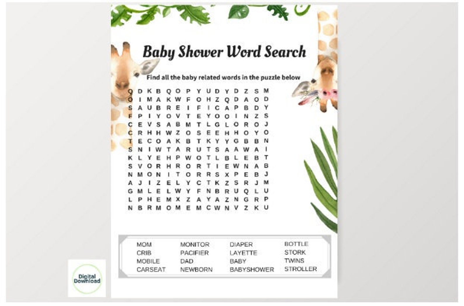 Word Search, Giraffe Shower Games, Giraffe Baby Game, Zoo Animal Shower ...