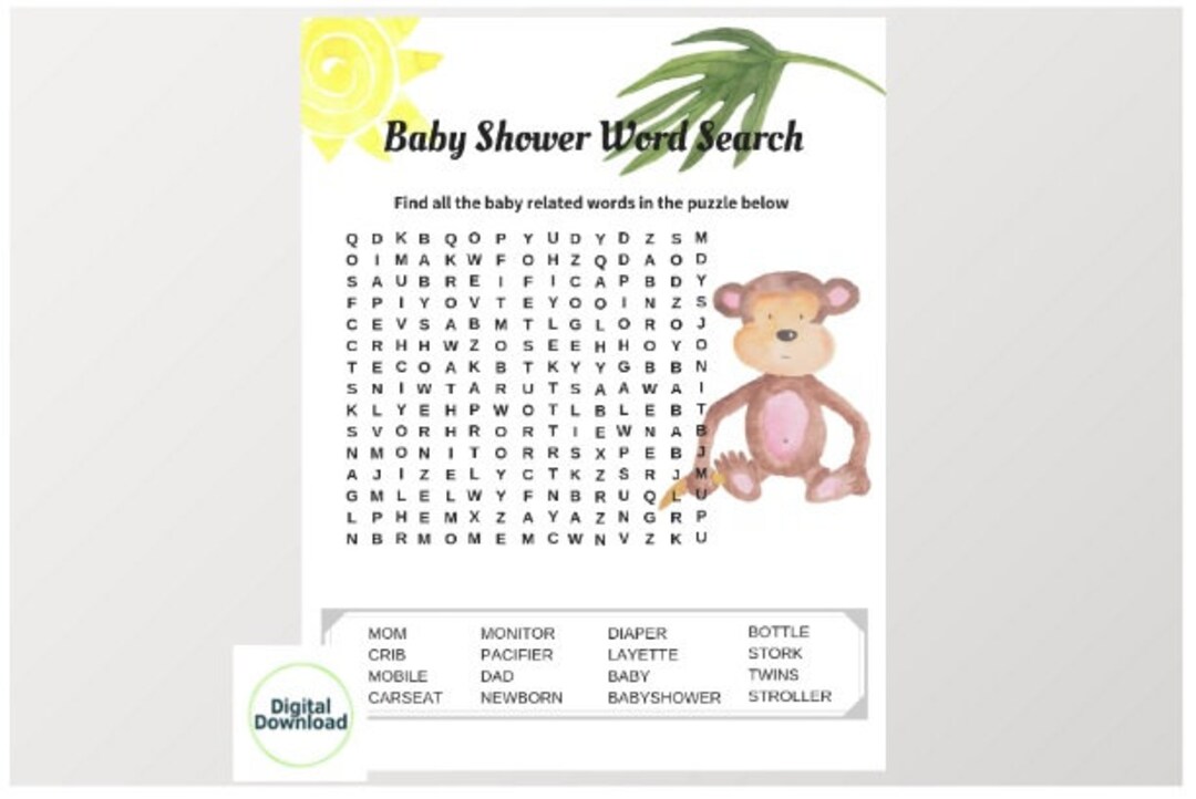 Monkey Baby Shower, Word Search, Baby Shower Activity, Easy Shower Game ...