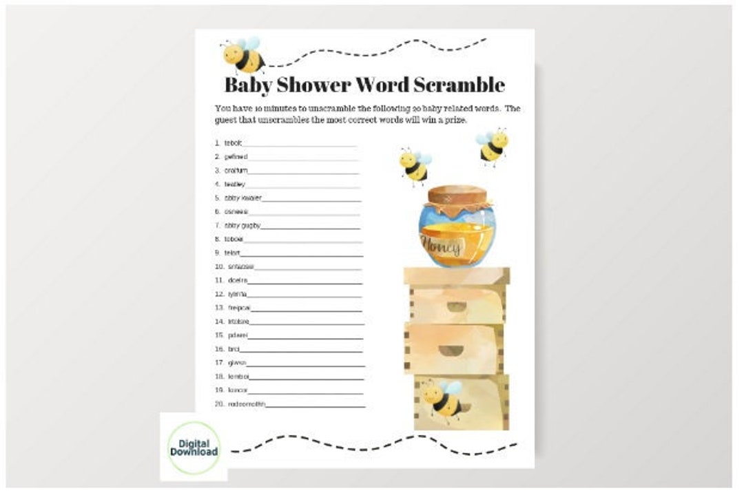 Bee Theme Word Scramble, Bee Baby Shower Game, Fun Shower Activity ...