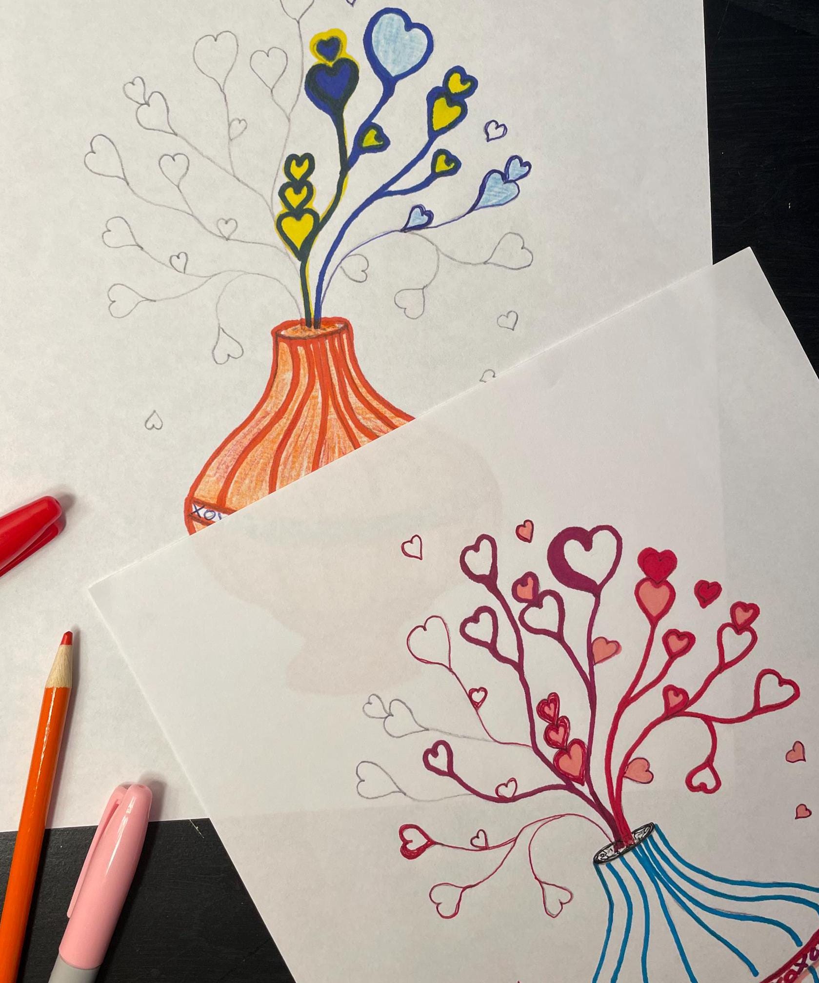 Heart Flowers in Vase Coloring Page - for Kids or Adults - Etsy