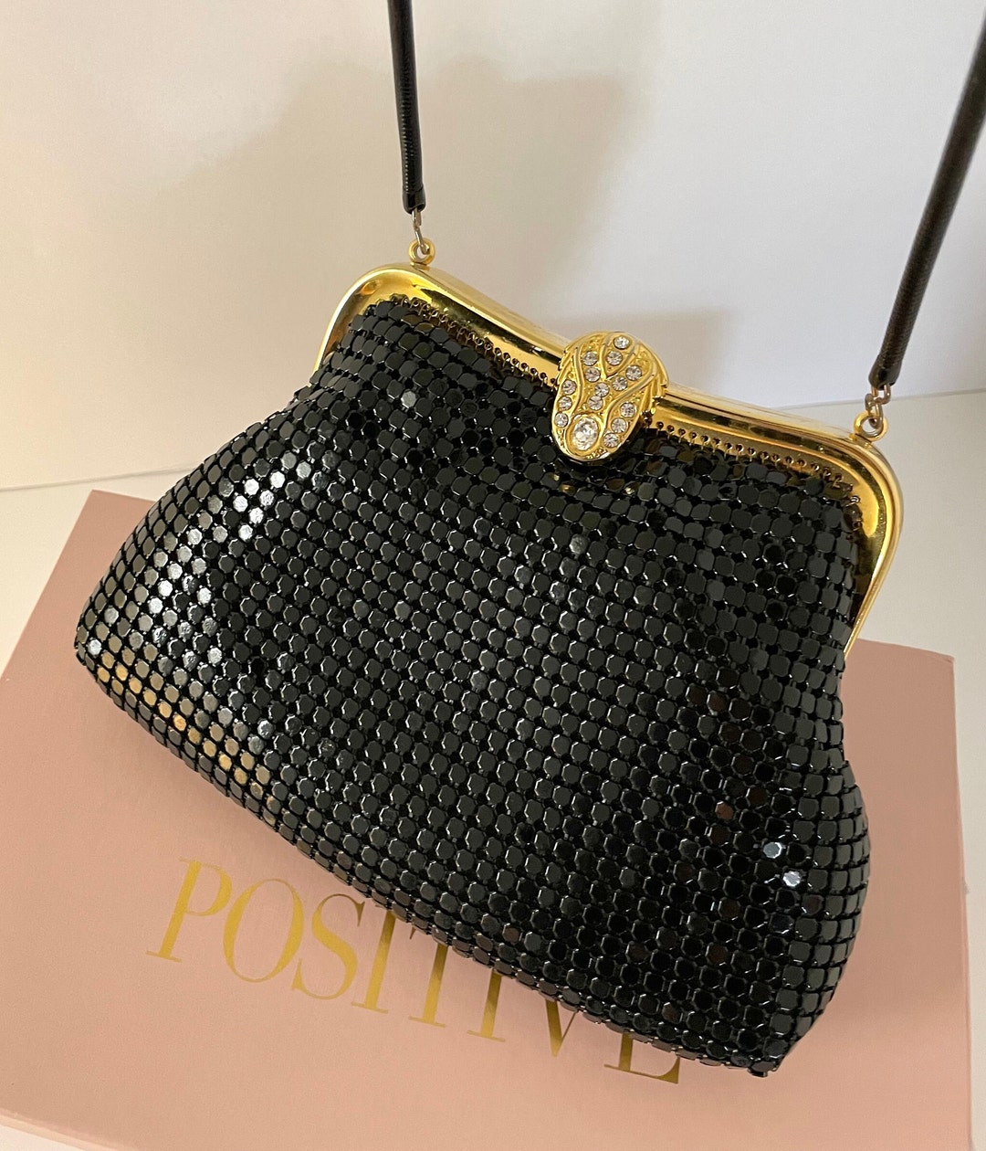 Black Clutch Purse - Shiny Metal Mesh W/shoulder Strap Vtg - Etsy