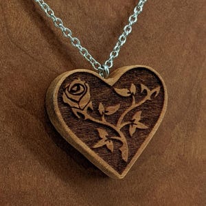 Heart and Rose Wood Engraved Pendant Necklace - Etsy