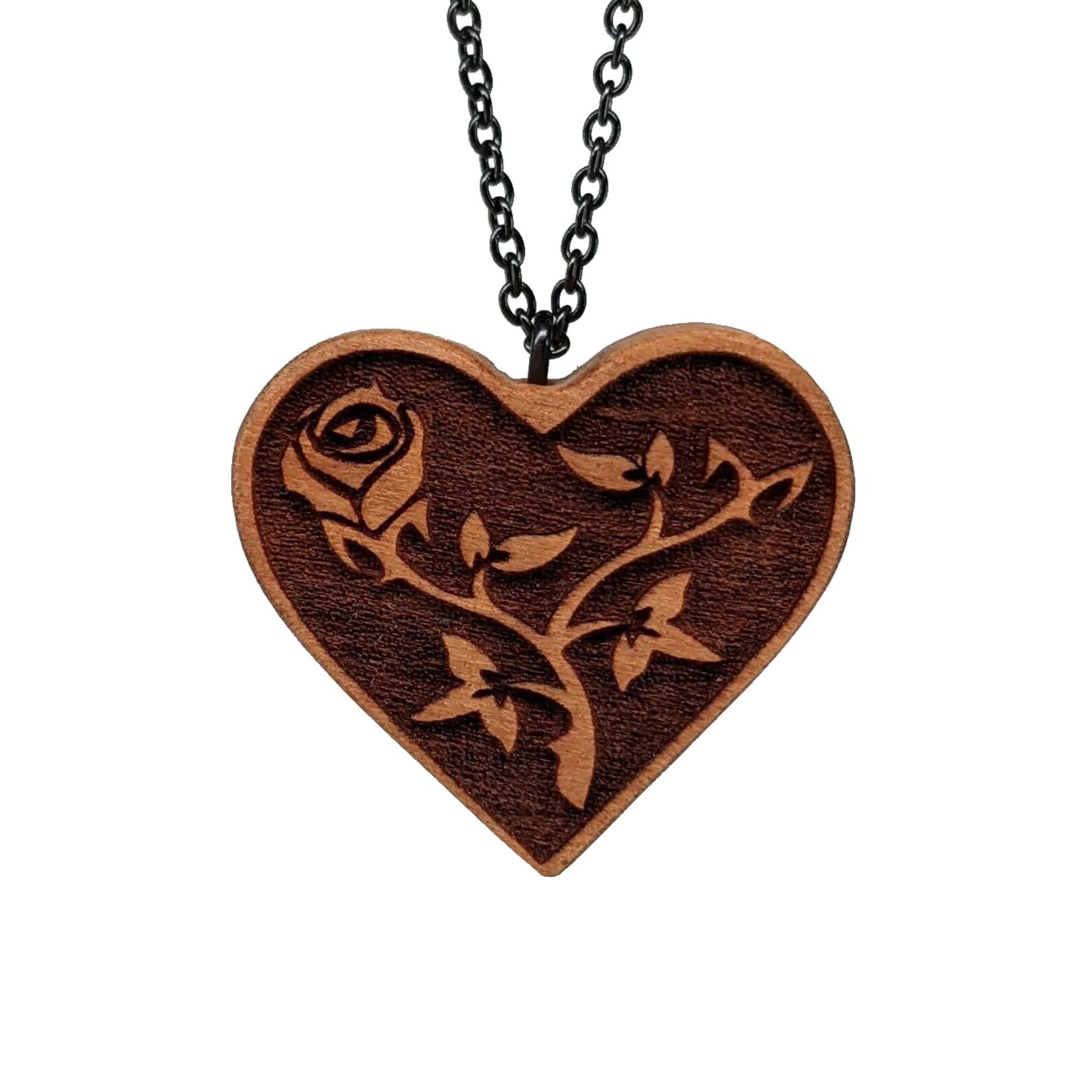 Heart and Rose Wood Engraved Pendant Necklace - Etsy