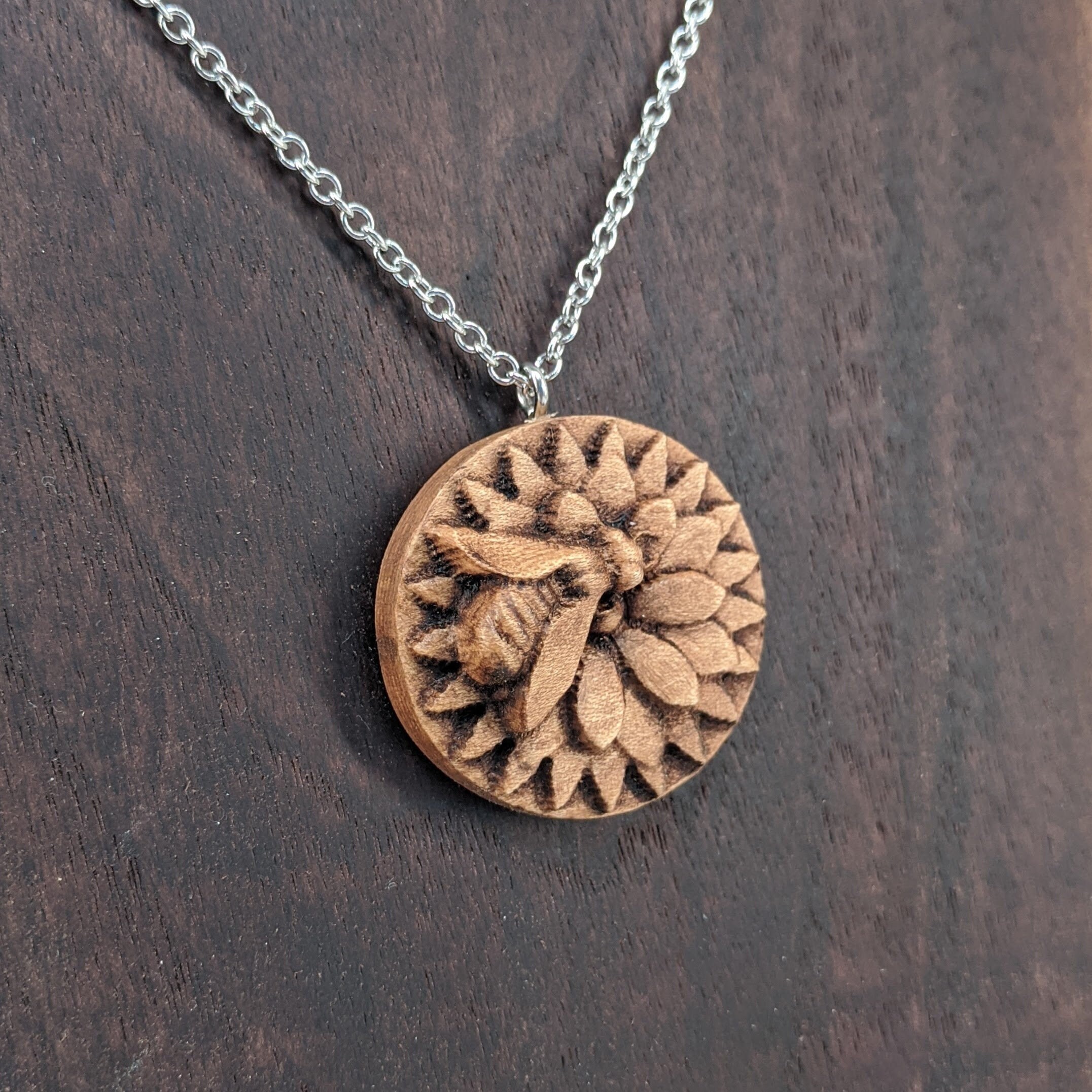 Bee Carved Wood Pendant Necklace - Etsy