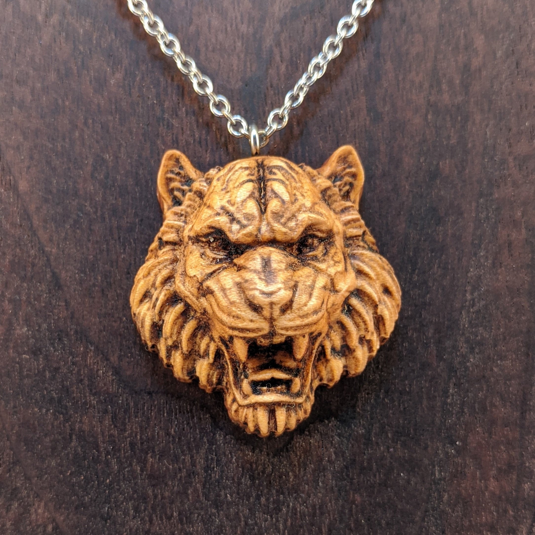 Tiger Carved Wood Pendant Necklace | Etsy