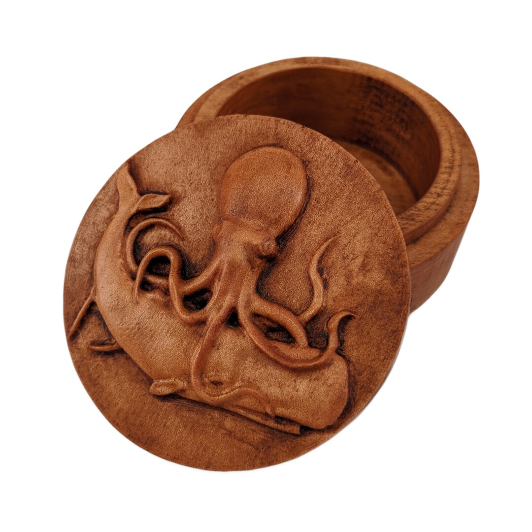Octopus and Whale Carved Wood Round Keepsake Box - Etsy