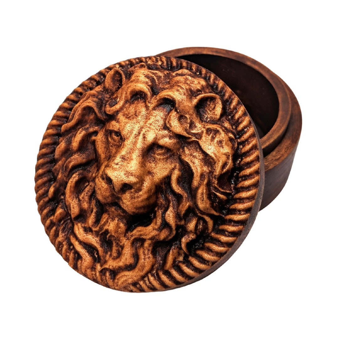 Lion Carved Wood Round Box - Etsy
