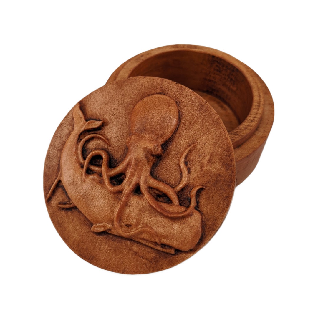 Octopus and Whale Carved Wood Round Keepsake Box - Etsy