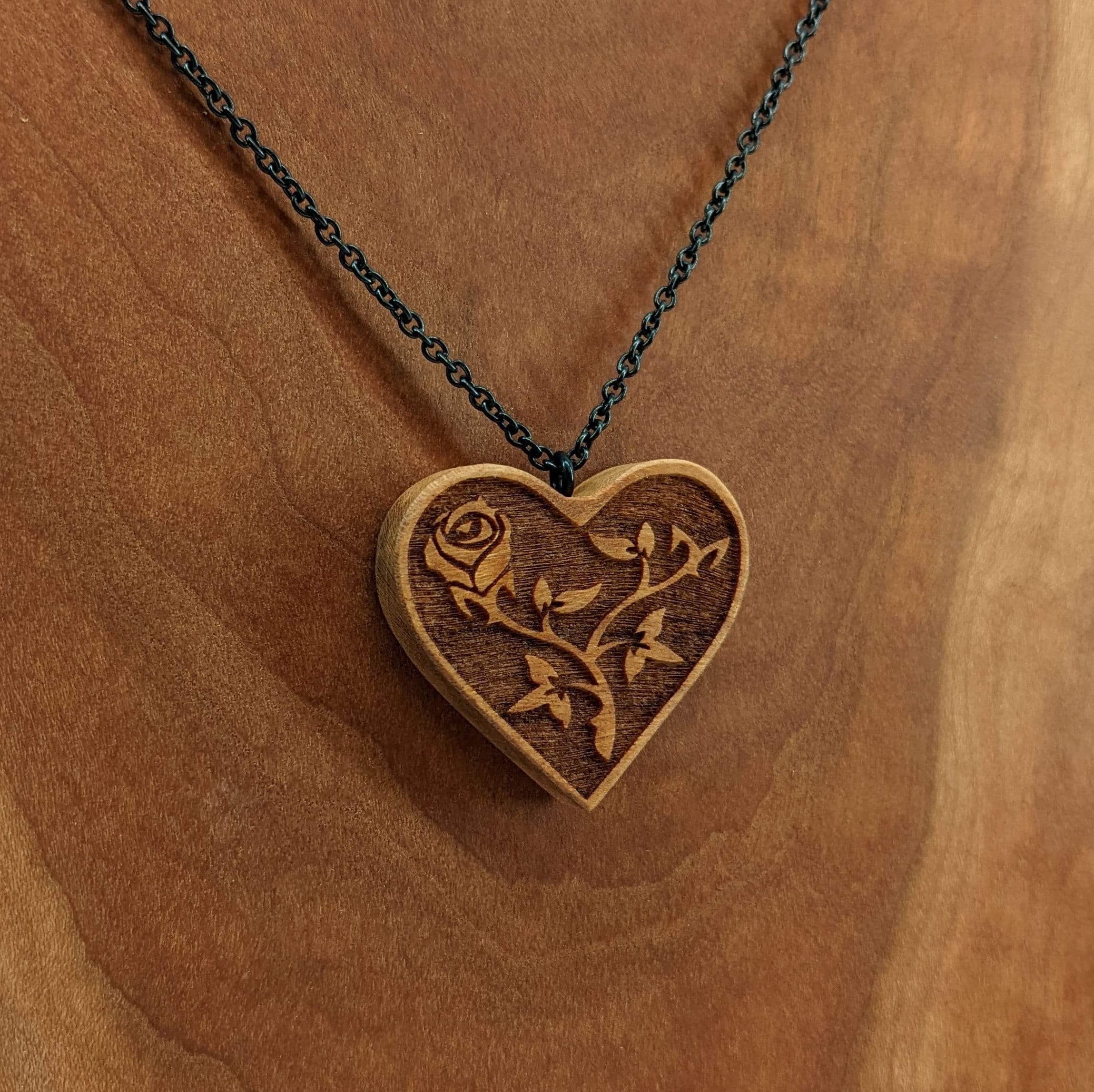 Heart and Rose Wood Engraved Pendant Necklace - Etsy