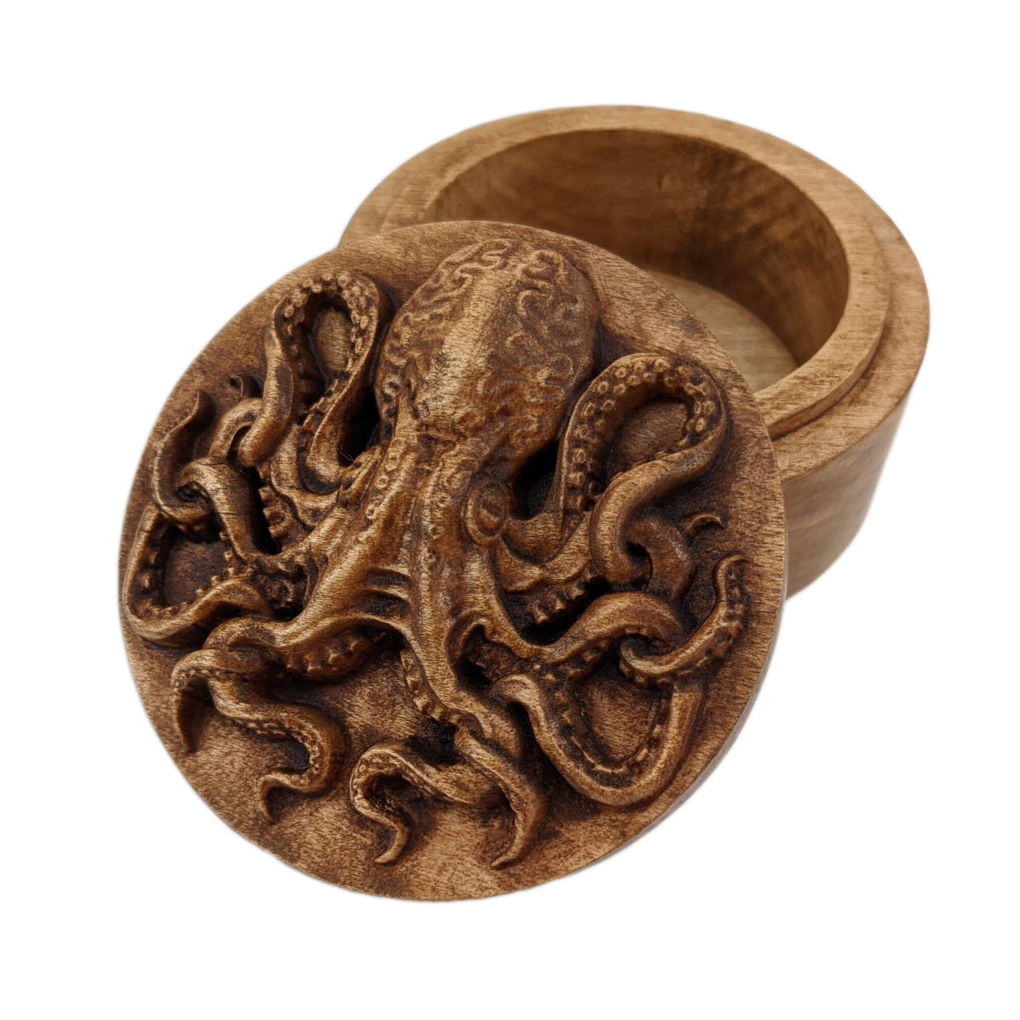 Octopus Carved Wood Round Keepsake Box - Etsy