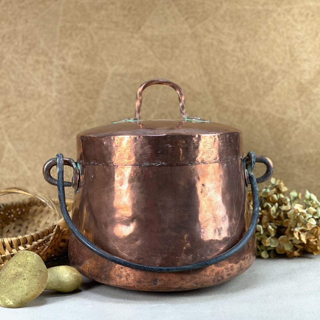 Large Antique Copper Cauldron With Lid, 12 Inch Hammered Copper Cooking ...