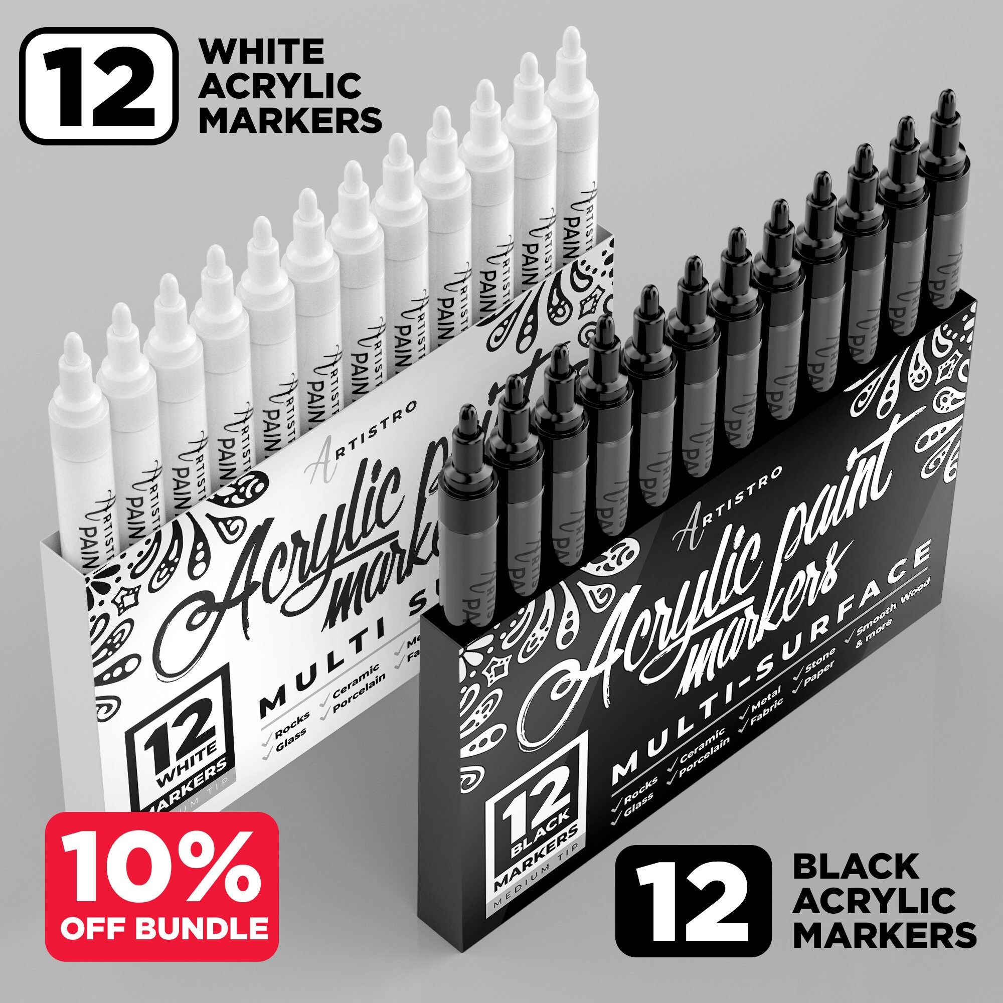24 Acrylic Markers 12 White Markers 12 Black Paint Pens | Etsy