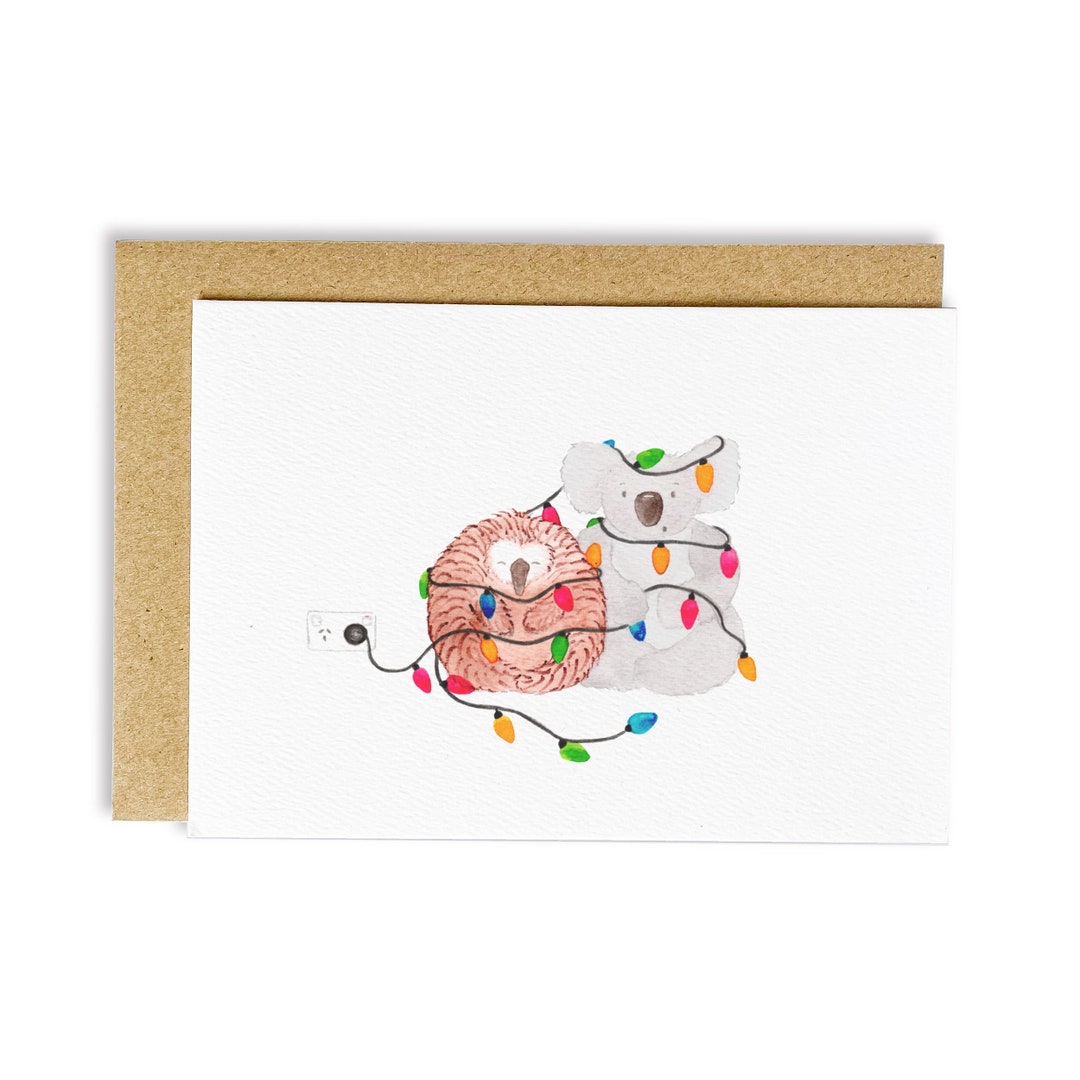 Echidna and Koala Christmas Card: Tangled Lights Watercolor Art - Etsy ...