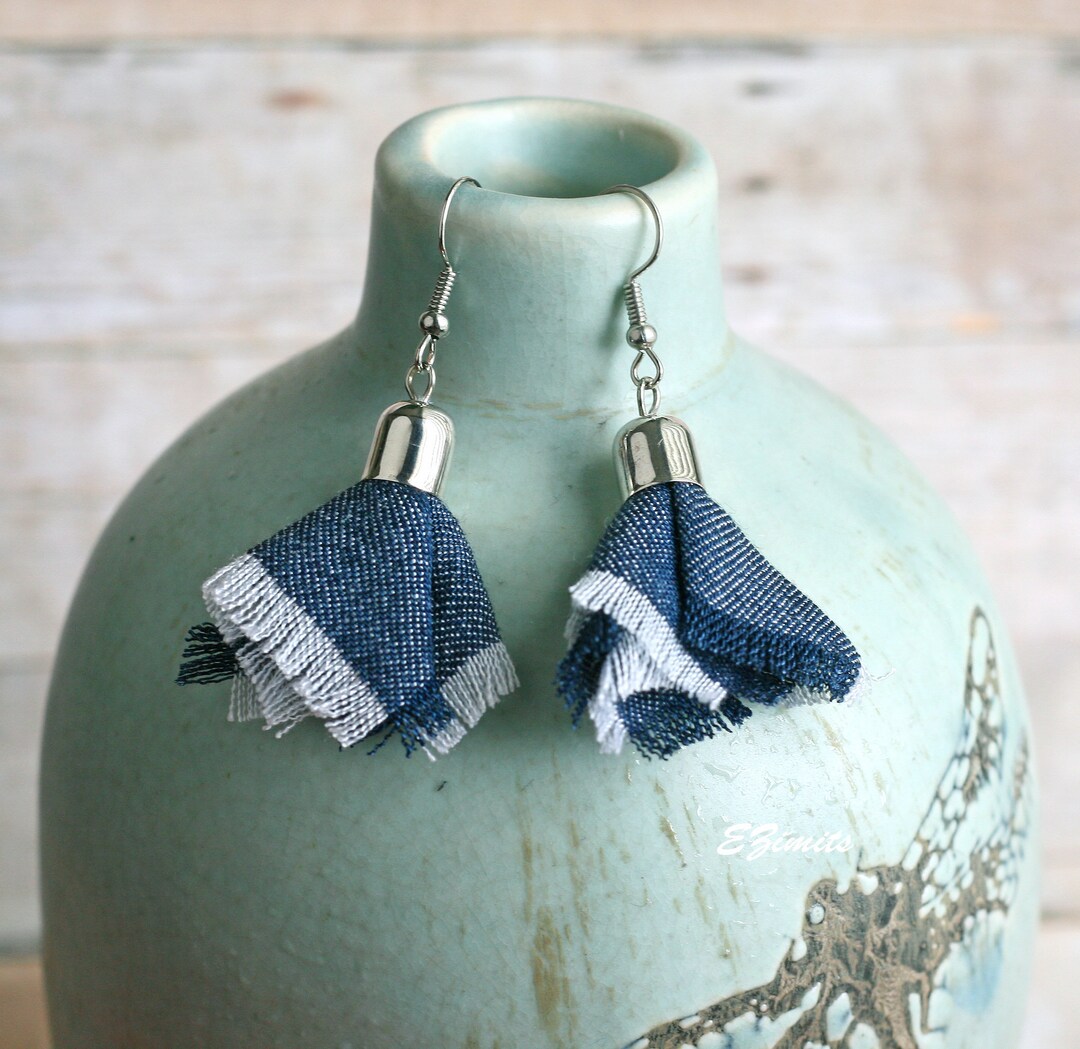 Blue Denim Dangle Earrings for Women. Jeans Fabric Earrings. - Etsy