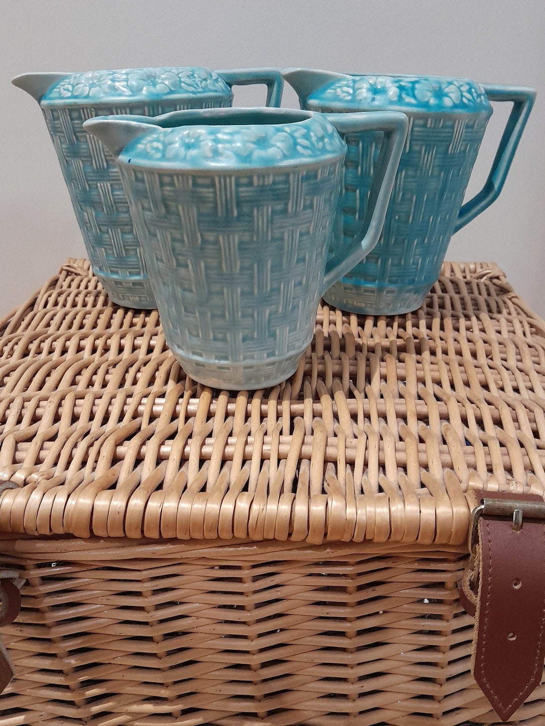 Set of 3 Art Deco Style Arthur Wood Pottery Jugs C1954. Blue Decorative ...